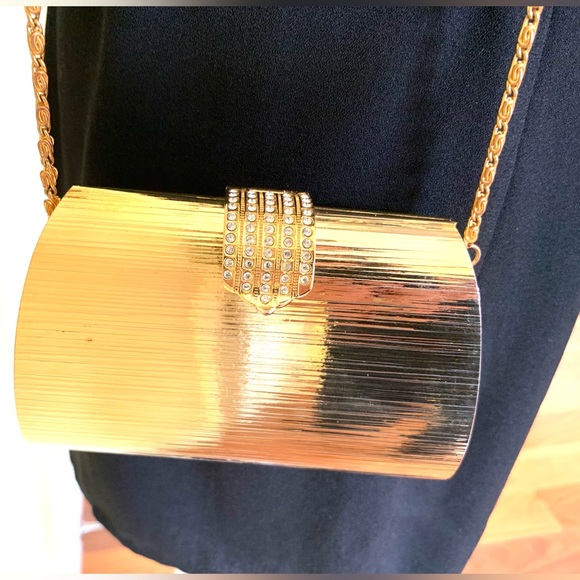 Bags | Shiny Gold Metal Evening Bag Clutch With Extra Long Removable ...